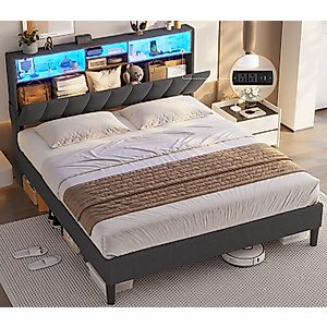 Tiptiper Full Size Bed Frame with LED Lights Headboard, Button Tufted Bed Frame Full with Outlets & USB Ports, Upholstered Bed with Storage, Dark Grey