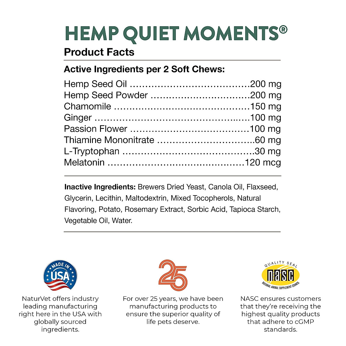 NaturVet Quiet Moments Calming Aid Dog Supplement, Helps Promote Relaxation, Reduce Stress, Storm Anxiety, Motion Sickness for Dogs (Quiet Moments Plus Hemp, 180 Soft Chews)