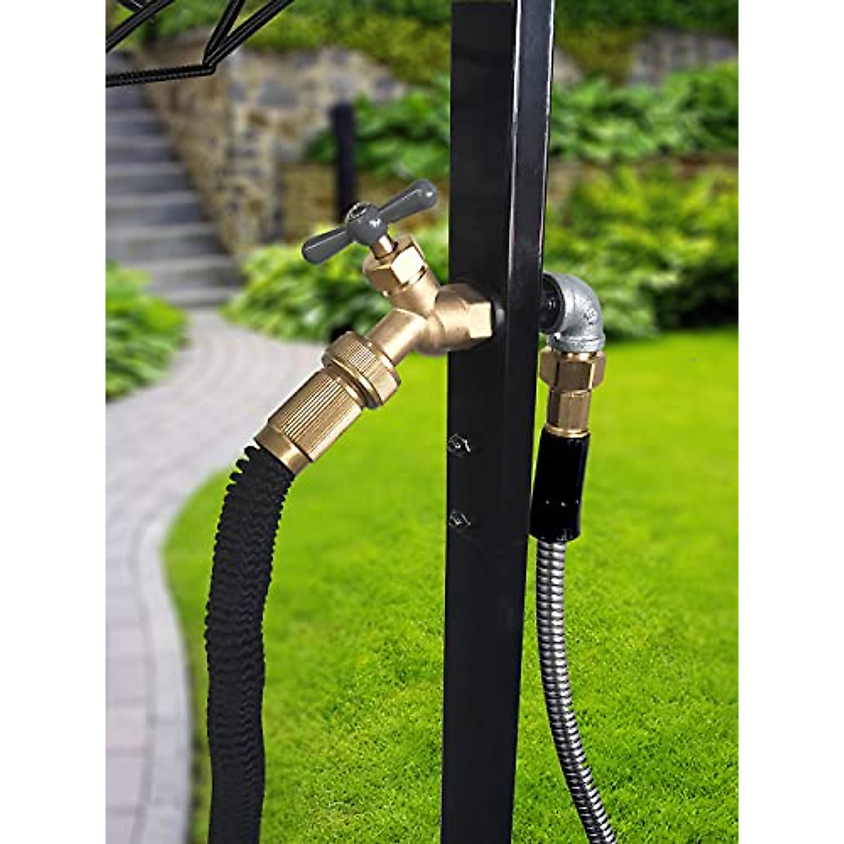 Artigarden Outdoor Hose Holder Stand with Brass Spigot Faucet - Freestanding Metal Water Pipe Extension Hanger Stake Heavy Duty Storage Organizer for Garden Lawn & Backyard