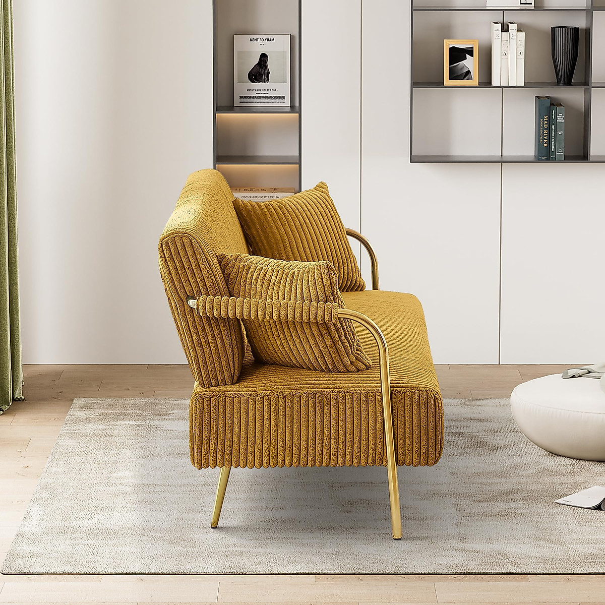 OUYESSIR Loveseat Small Sofa Couch, 59" Love Seat Settee 2 Seater Upholstered Sofa with 2 Pillows for Small Space Living Room Office Apartment (Ginger, Corduroy)