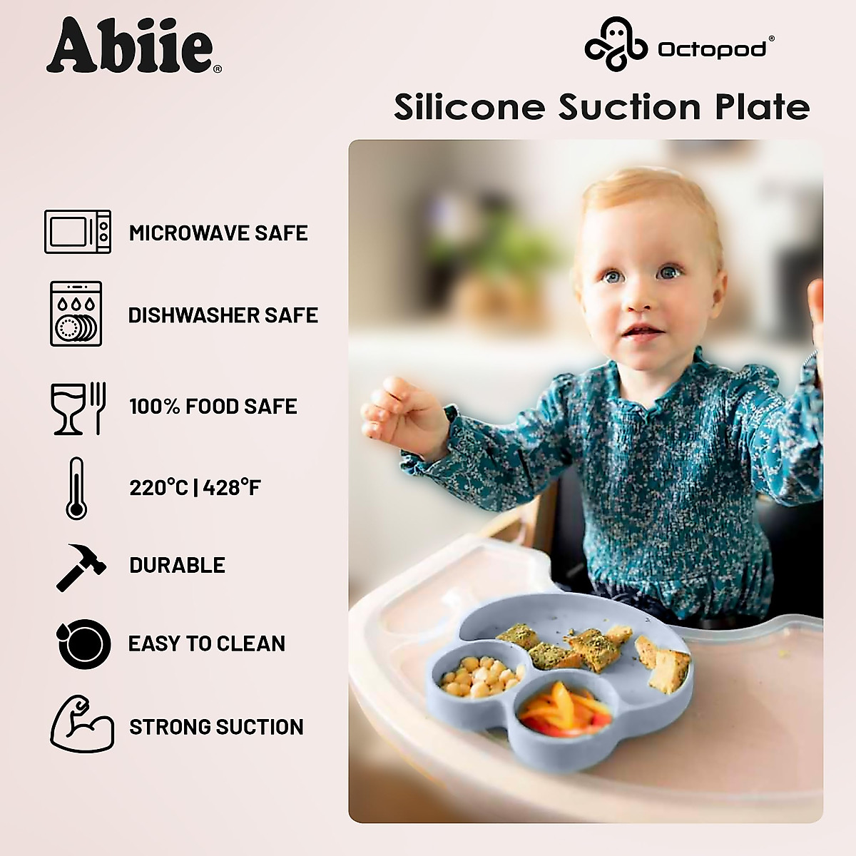 Abiie Octopod Frog Silicone Plates with Suction - Spill Proof, Easy to Clean - BPA-Free Bowl - Suction Plates for Baby and Toddler - Training & Feeding Divided Grip Dish (Sage Green)