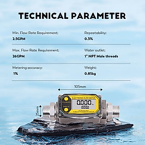 CGOLDENWALL 1” Turbine Fuel Meter, Stainless Steel Water Meter with 1-inch NPT Adapters, Gallon Liquid Flowmeter, Digital Inline Flow Meter for Liquids, Required Flow Rate 2.5-26GPM