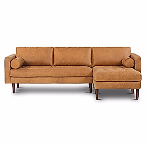 POLY & BARK Napa Leather Couch – Right-Facing Sectional Leather Sofa - Tufted Back Full Grain Leather Couch with Feather-Down Topper On Seating Surfaces – Pure-Aniline Italian Leather – Cognac Tan