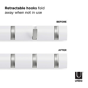 Umbra Flip Wall Mounted Floating Rack – Modern, Sleek, Space-Saving Hanger with Retractable Hooks to Hang Coats, Scarves, Purses and More, 5, White