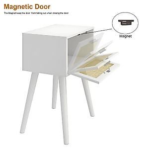 LAATOOREE Table, Nightstand Set of 2 - Small End Table with Rattan Door, Boho Style for Bedroom Living Room - White