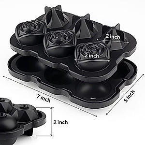 Ice Cube Tray, Mikiwon 2 inch Rose Ice Cube Trays With Covers, 3 Cavity Silicone Rose Ice Tray & 3 Diamond Ice Ball Maker, Easy Release Large Ice Cube Form for Chilled Cocktails, Whiskey Juice Black