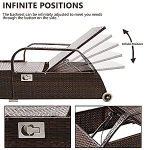 DECMICO Chaise Lounge Chair Set of 3 Outdoor Wicker Patio Furniture, Infinite Position Adjustable Backrest with Removable Cushion and a Glass Table,Ideal for Yard, Garden, and Backyard (Turquoise)