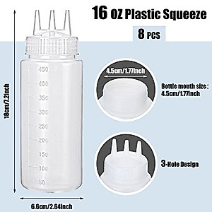 Dingion 8 Pcs 3 Hole Squeeze Bottles 16 oz Plastic Condiment Salad Dressing Container Sauces for Ketchup Mustard Seasoning Squeezer Bakery Kitchen Accessories 450 ml