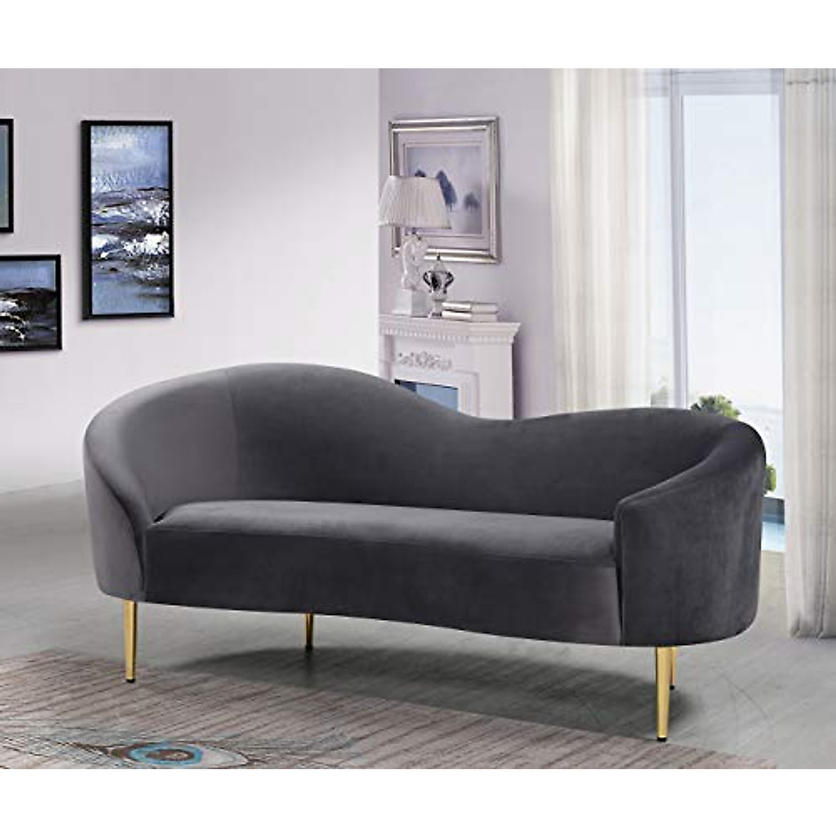 Meridian Furniture Ritz Collection Modern | Contemporary Velvet Upholstered Loveseat with Sturdy Metal Legs in Rich Gold Finish, Grey, 67" W x 31.75" D x 30.5" H