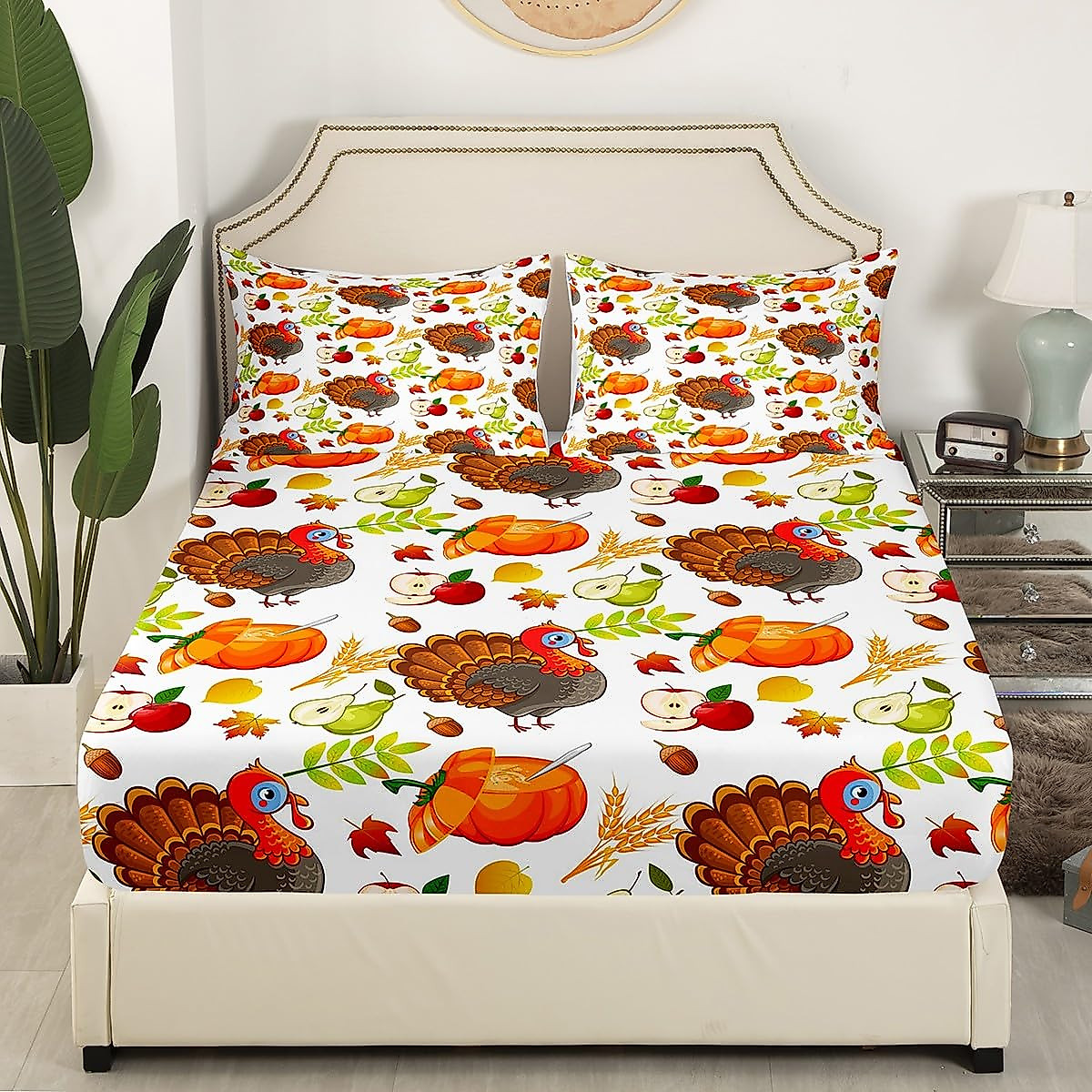 Erosebridal Thanksgiving Turkey Bed Sheets Set for Boys Girls Women Fall Decor Sheet Set Twin Size Rustic Farm Pumpkin Maple Leaf Fitted Sheet Autumn Harvest Flat Sheet Cute Wild Animal Turkey Sheets