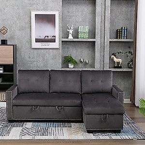 Polibi 76.8'' Pull Out Sleeper Reversible Sectional Storage Sofa Bed,Convertible Velvet Corner Sofa Bed and L-Shape 2 Seat Sectional Chaise with Storage,Sleeper Sofa for Living Room,Dark Grey