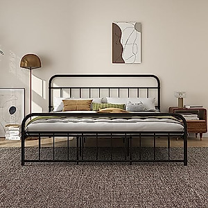 alazyhome King Bed Frame Metal Platform with Vintage Headboard and Footboard Easy Assembly No Box Spring Needed Steel Slat Support Black