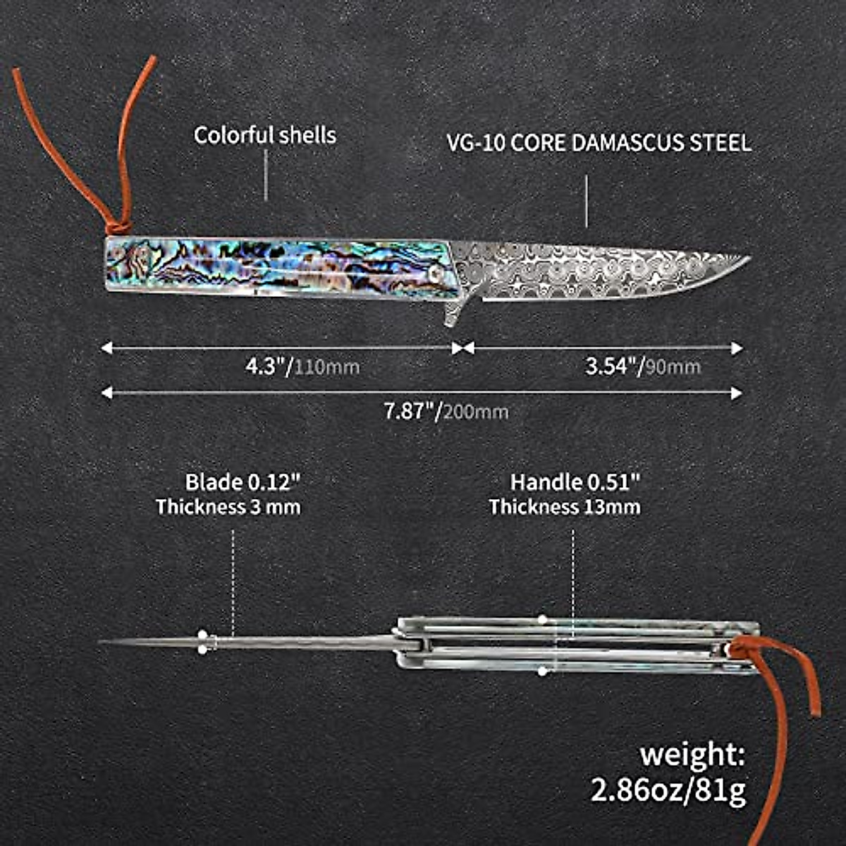 STANBIK Damascus Pocket Knife with Sheath,Abalone Shell Handle With 3.54" Damascu Blade,EDC Folding Knives for Camping Fishing Hiking Outdoor Work.