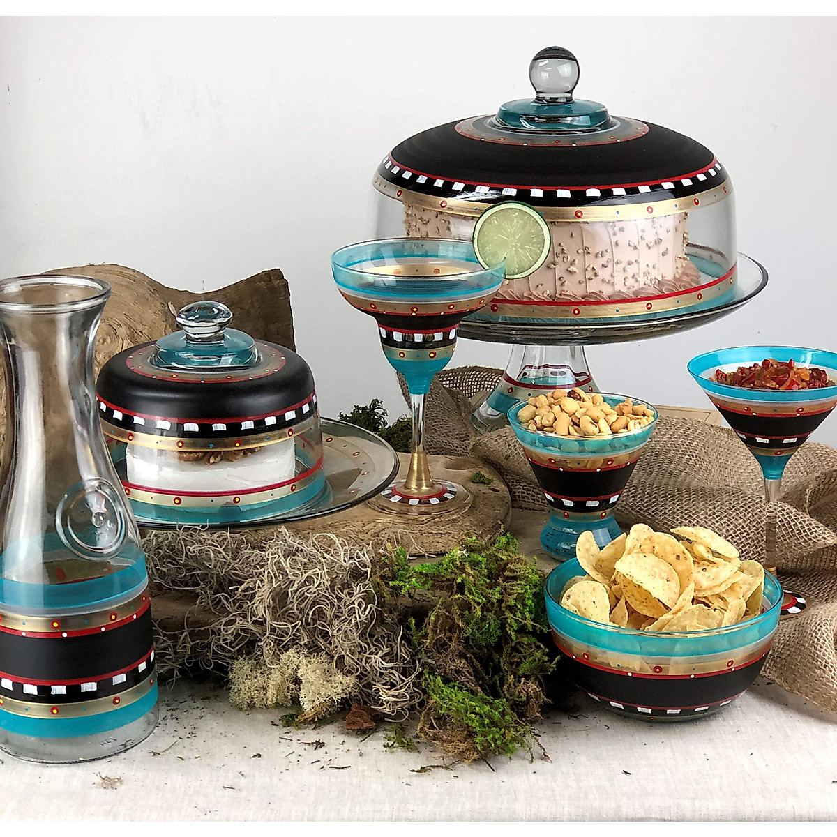 Golden Hill Studio Hand Painted Margarita Glasses Set of 2 - Moroccan Mosaic Chalk Collection - Painted Glassware by USA Artists - Decorative Margarita Glasses, Personalize with Chalk, Table Décor