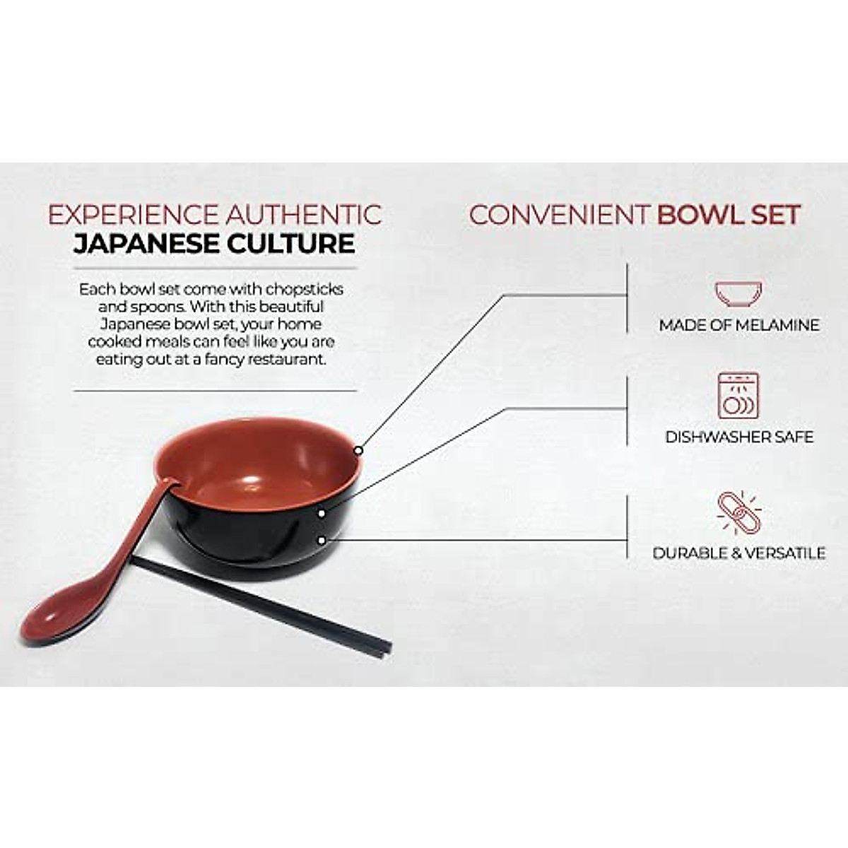 ROVATTA Ramen Noodle Soup Bowl Set- 12Pcs (4 SETS) 48 Oz Japanese Melamine Ramen (4) Spoons & (4) Chopstick Sets, Dishwasher Safe, Restaurant Quality Ideal For Ramen, Pho, Noodles & All Asian Cuisine