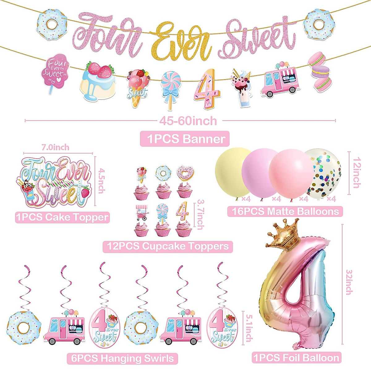 JUYRLE Four Ever Sweet Birthday Decorations Girl, 4th Birthday Decorations Include Ice Cream Donut Banner Cake Toppers Hanging Swirls Latex Foil Balloons, 4 Year Old Birthday Decorations