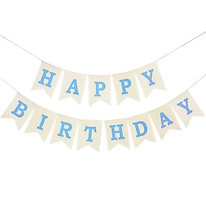 Blue Happy Birthday Banner, Assembled Burlap Happy Birthday Sign for Birthday Party Decorations