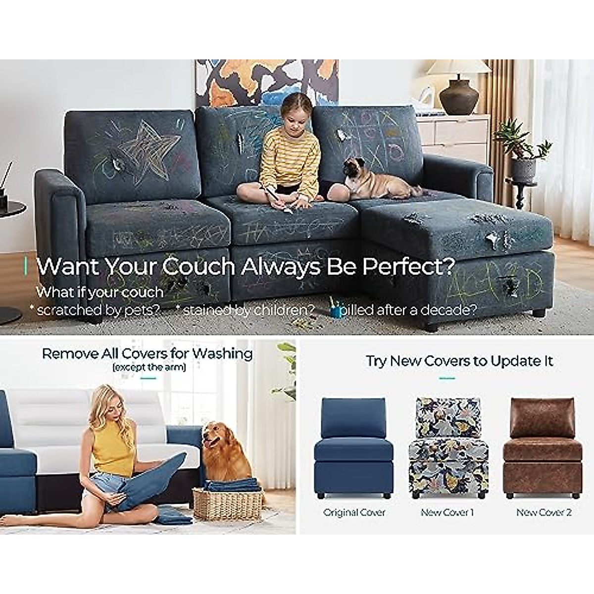 LINSY HOME Modular Sectional Sleeper Sofa, Convertible Sofa Bed with Memory Foam, Storage, Modular Sectionals Couch with Chaise for Family Movie Night, Living Room Furniture Sets, Blue