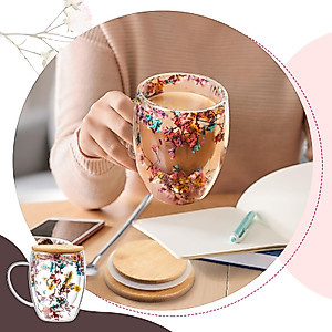 Rtteri 11.84 oz Double Wall Glass Coffee Mug with Bamboo Lid and Spoon Clear Eternal Flower Insulated Glass Coffee Mugs with Handle Double Glass Coffee Cup Glass Tea Cup for Cappuccino Latte Beverage