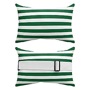 T&H XHome Outdoor Pillow for Chaise Lounge Chair, Christmas Green and White Stripe Waterproof Headrest Pillow Lumbar Pillows with Adjustable Elastic Strap for Beach, Poolside, Patio, Office (2 Pack)