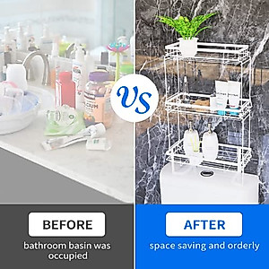 VIREESR Over The Toilet Storage Shelf, 1/2/3 Tier Bathroom Metal Storage Organizer Punch-Free Toliet Storage Shelf, Home Storage Rack with Hooks (3 Tier, White)