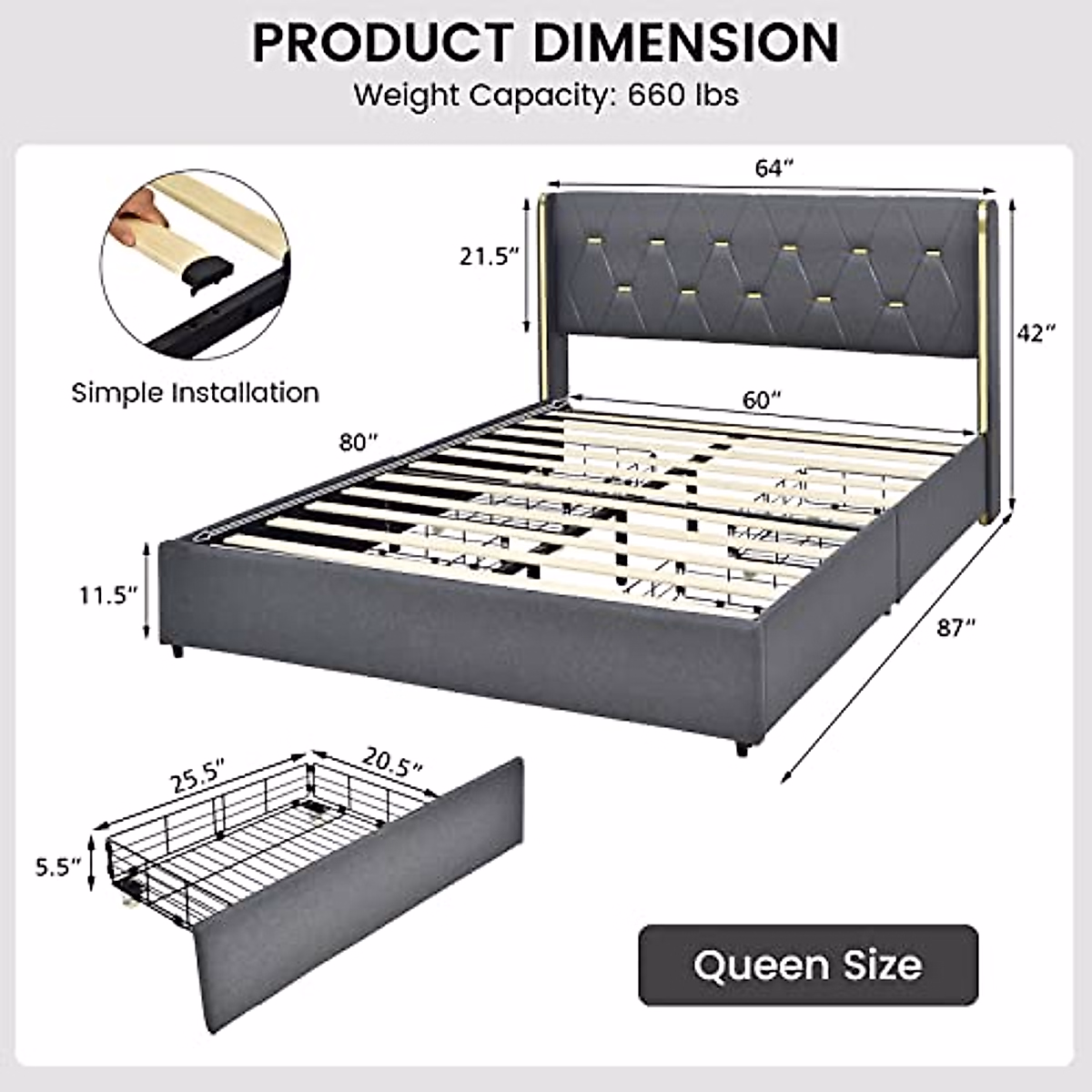 Giantex Upholstered Bed Frame with 4 Drawers, Queen Size Linen Bed Frame, Heavy-Duty Noise-Free Bed Frame, Easy Assembly, No Box Spring, Grey