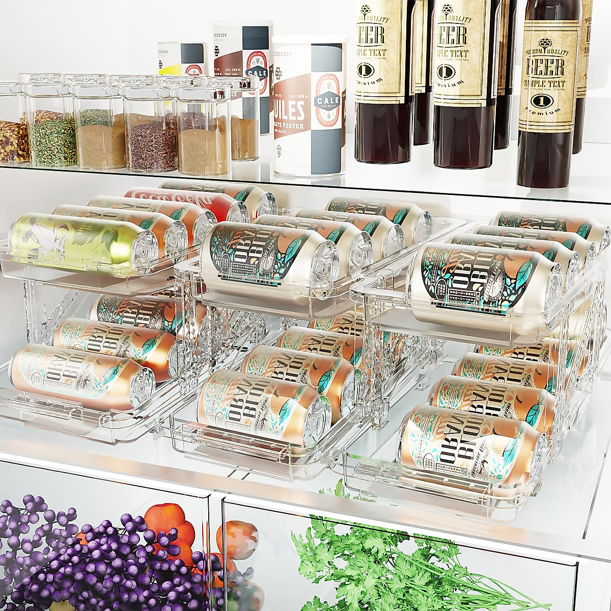 Jsyrjing Drink Organizer for Fridge Soda Holder for Refrigerator Can Dispenser,Adjustable Width Can Holders for Fridge Suitable for Storage Cabinet and Pantry Clear (2 Pack)