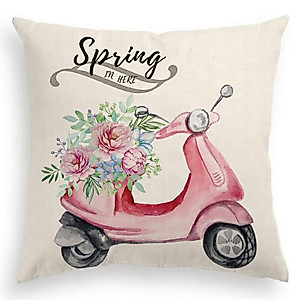 INSHERE Throw Pillow Covers Spring Decorations 18x18 Inch Set of 4，Fresh Flower Truck Garden Oil Painting Style Linen Pillowcase，Decoration for Sofa, Bedroom, Car (Spring 1)