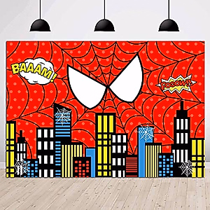Vinyl 7x5ft Red Spider Web Photography Backdrop for Children Boys 1st Birthday Party Banner Decorations Superhero Theme Cityscape Photo Background Baby Shower Photo Booth Supplies