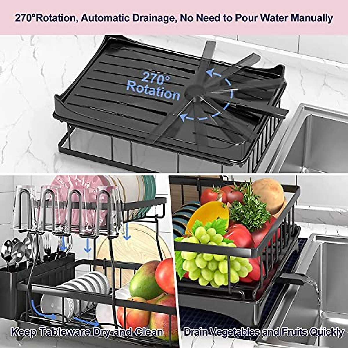 etship Dish Drying Rack with Drainboard Set, Stainless Steel 2 Tier Large Dish Racks for Kitchen Counter, Dish Drainer with Utensil Holder, Dish Strainers with Extra Drying Mat (Black)