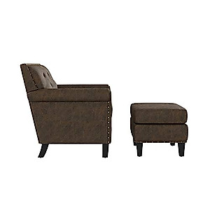 Domesis Button Tufted Rolled Arm Chair and Ottoman in Distressed Brown Faux Leather