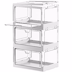 PRANDOM Stackable Clear Storage Bins with Lids,70 Qt Plastic Collapsible Organizer Containers Boxes with Doors for Closet Living Room Bedroom White 15x11.2x8.7 x 3-Pack