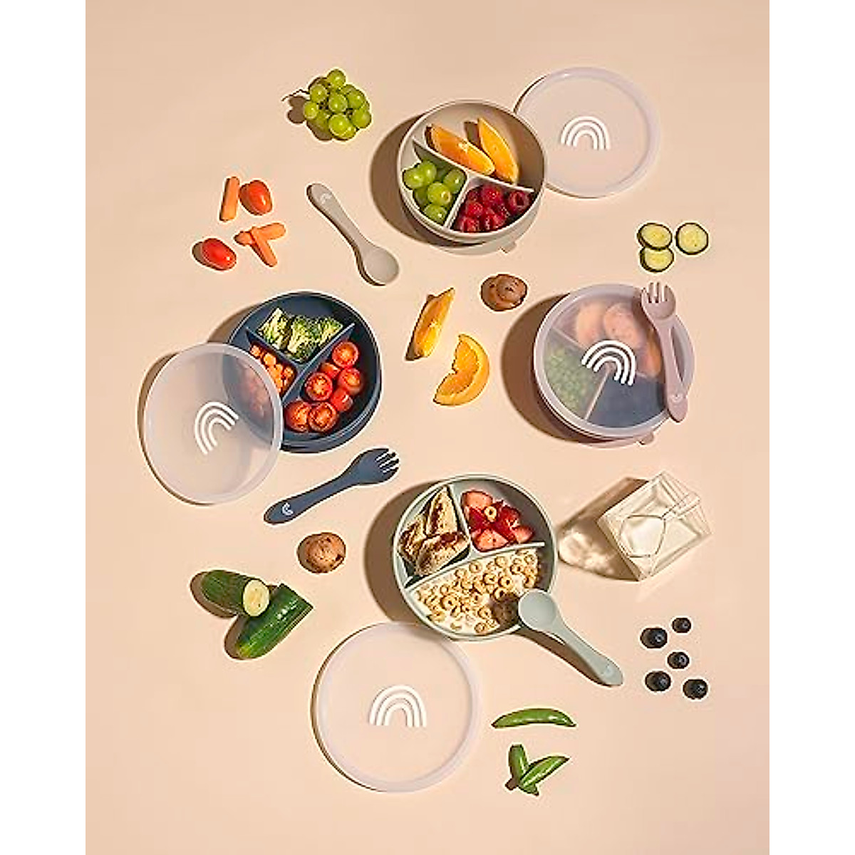 Hippypotamus Suction Bowls with Lids & Utensils - Baby & Toddler - 100% Food-Grade Silicone Divided Bowls - BPA Free - Dishwasher Safe - Set of 2 (Sage/Fog)