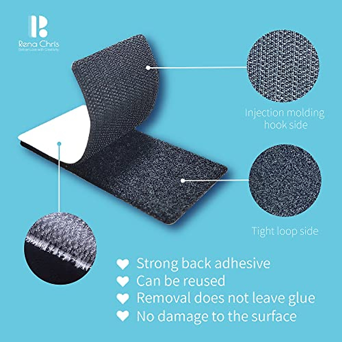 Rena Chris Hook and Loop Strips with Adhesive | 2 x 6 Inch 16 Sets | Double-Sided Interlocking Mounting Tape for Couch Cushions, Suitable for School Classroom, Office, Home- Black