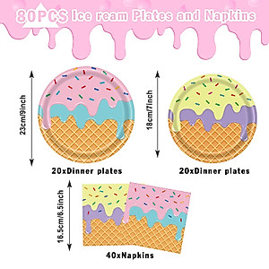 96PCS Ice Cream Plates and Napkins Party Supplies Ice Cream Disposable Paper Plates Napkins Tableware Set for Birthday Baby Shower Sweet Summer Ice Cream Theme Party, Serves 48 Guests
