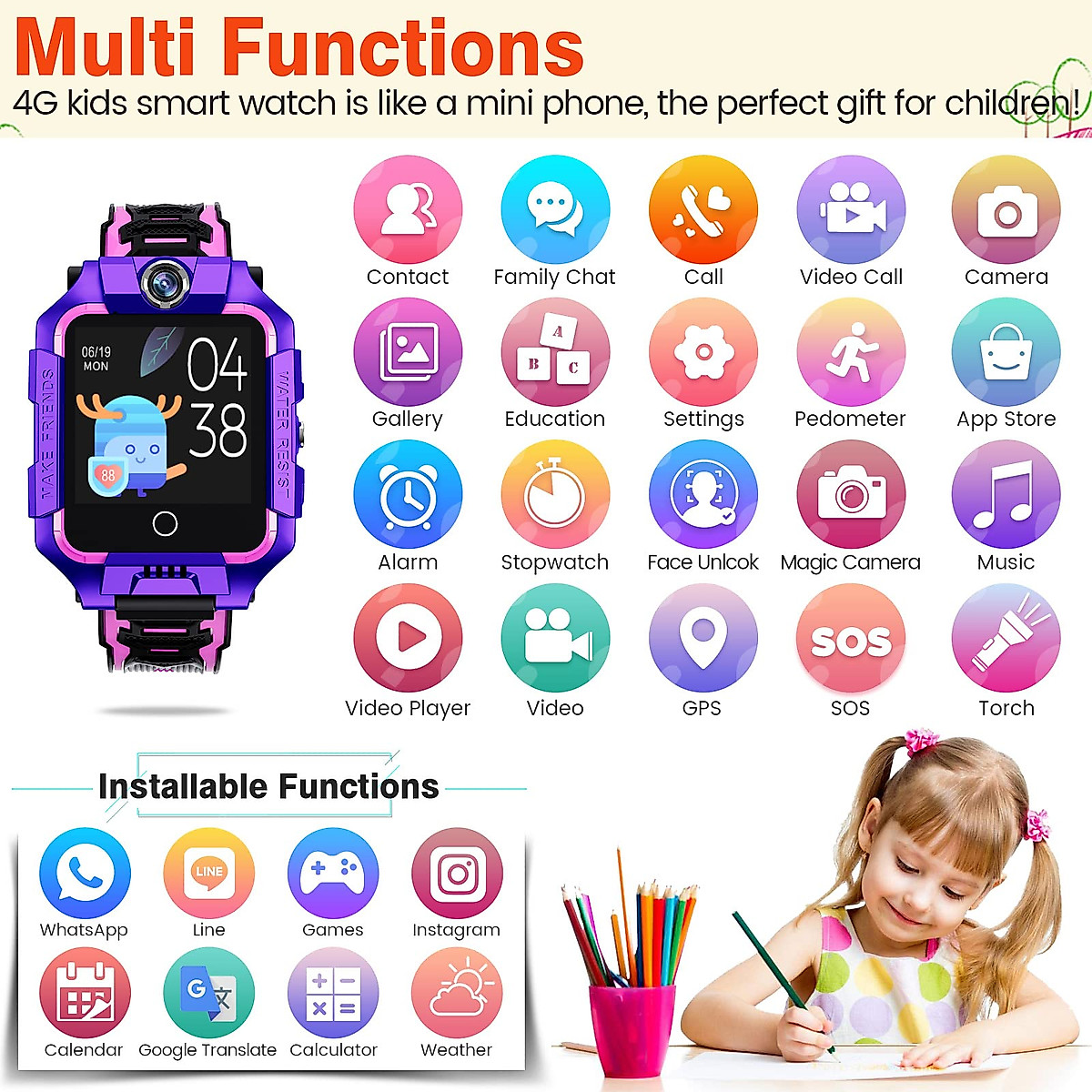 OKYUK 4G Kids Watch Phone T10, Funny 360° Rotation Screen Dual Camera Smart Watch for Boys Girls, IP67 Waterproof, 2-Way Calls, GPS, SOS, Video Calls, Remote Control, Pedometer Smartwatch (Purple)