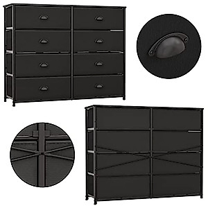 Furnulem 8 Drawer Dresser Wide 40'' Long, Storage Chest of Drawer for 50'' TV Stand, Closet, Bedroom, Nursery, Fabric Bins, Wooden Top Living Room Rustic Furniture (Black)