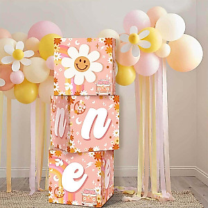 Tewess One Groovy Babe Birthday Party Decorations Balloon Boxes, 3Pcs Boho Groovy 1st Theme Birthday Balloon Boxes for Girl Hippie Daisy Flower Rainbow First Birthday Party Supplies