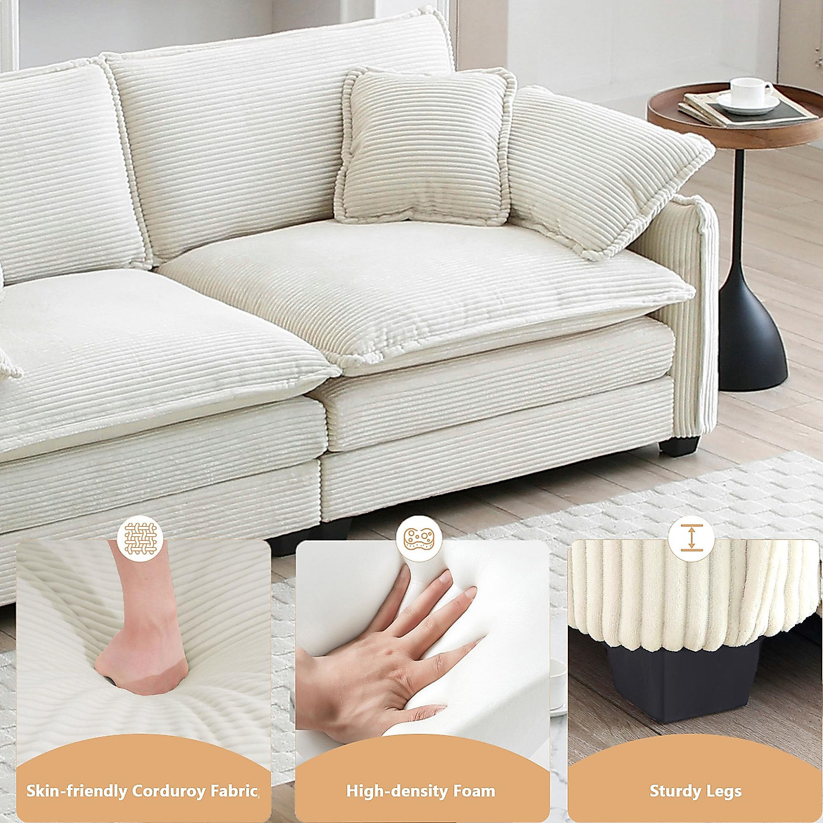 Aoowow 3 Pieces Modular Sectional Sofa Set with Loveseat Couch and 2 Sofa Chair,Modern Corduroy Comfy Cloud Deep Seat Couches Set with Throw Pillows and Arm Pillows for Living Room Apartment(Beige)