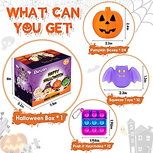 48 Halloween Toys Pack with Pumpkin Box, Halloween Party Favors Gifts for Kids, Squishy Mochi Toys in Bulk with Bubble Push it Keychain, Halloween Treat Bags Fillers, Trick or Treat Classroom Prizes