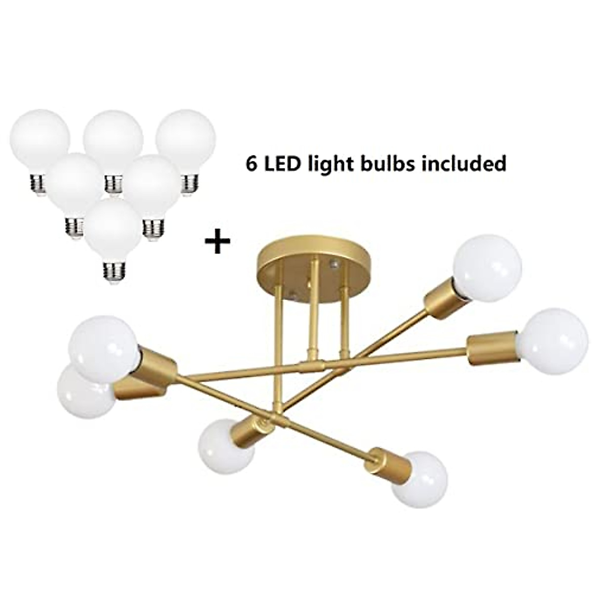 Dellemade Modern Sputnik Chandelier, 6-Light Ceiling Light, 6 LED Light Bulbs Included for Bedroom,Dining Room,Kitchen,Office (Gold)