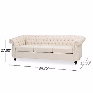 KEIKI 84" Sofa Couch 3-Seater with Button-Tufted Fabric,Mid Century Modern Design Chesterfield Style, Beige