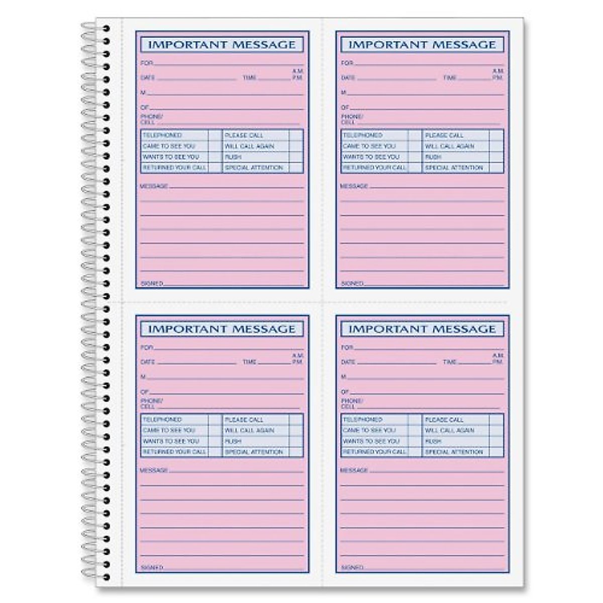Adams Spiral Bound Phone Message Book, Carbonless Duplicate, 4 Messages per Page, 200 Sets per Book (SC1184D)