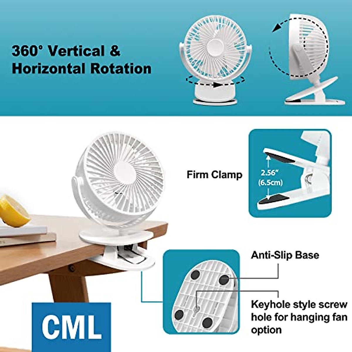 CML USB Desk Clip-On Fan, 5 Inch Mini Portable Cooling Table Fan with Sturdy Clamp, Quiet Personal Small Fan with 4 Speeds Brushless Motor, for Home, Office, Desktop, Camping, Travel, Car, White