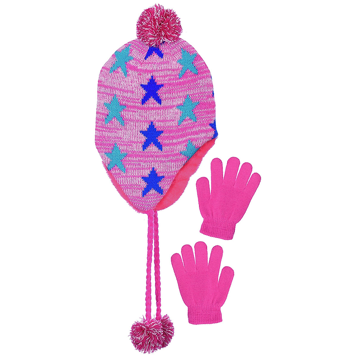 Girls Fleece Lined Knit Pom Beanie & Gloves Set with Warm Ear Flaps for Winter (Pink)