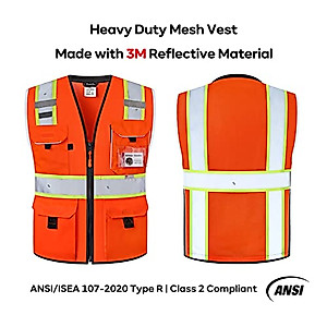 Neopelta Reflective Safety Vest Orange Mesh, Made with 3M Reflective Tape, Heavy Duty Vest with ID pocket, iPad Pocket, Padded Neck, Orange L