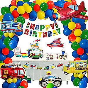 Transportation Party Decorations for Boys, 49PCS Construction Happy Birthday Supplies Vehicle Traffic Theme Baby Shower Red Green Blue Garland Kit for 2nd 1st with Car Plane Train Police Balloon Banner