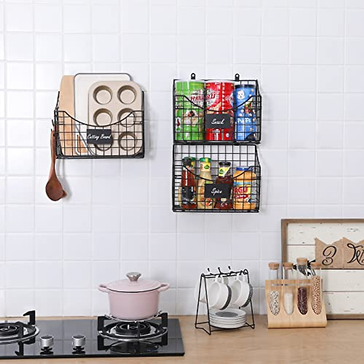 Over the Cabinet Door Organizer 3 Pack, Wall Mount Storage Basket with Name Plate for Cutting Board Foils Cookie Sheet, Grid Storage Bin Basket Holder Rack with 5 S Hooks for Kitchen Pantry Bathroom