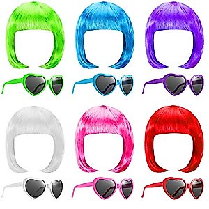 6 Pieces Party Wigs and Sunglasses Set Include Neon Short Bob Wig Colorful Sunglasses Cosplay Wig Daily Party Hairpieces for Halloween Party Supplies