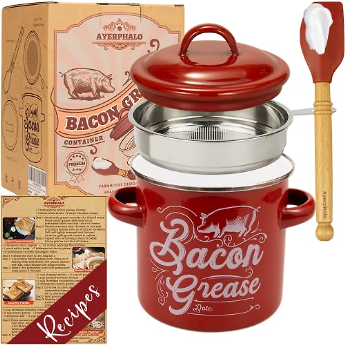 Bacon Grease Container with Strainer - 46OZ Large Capacity, With Silicone Wooden Spatula, Enamel Bacon Grease Keeper for Bacon Drippings, Farmhouse Red Kitchen Decor and Accessories, Dishwasher Safe